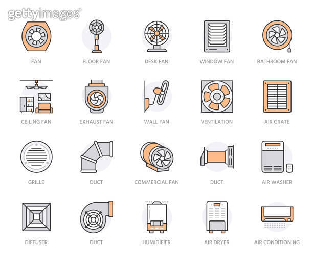 Ventilation equipment line icons. Air conditioning, hvac, cooling ...