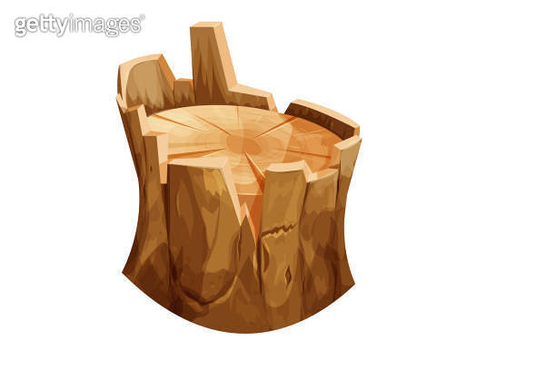 Wooden stump forest tree trunk with roots, cut section in cartoon style ...