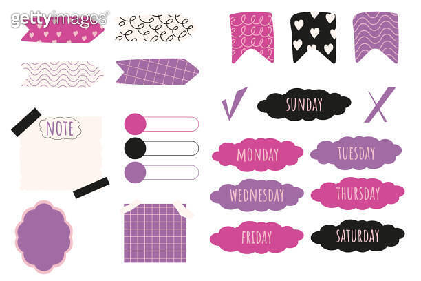 Set planner stickers, bookmarks and elements doodle cartoon style ...