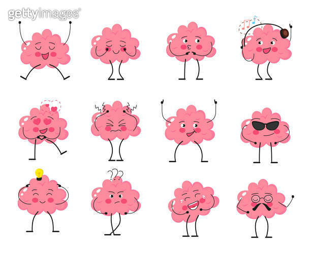 Cartoon brain emoji, emotion brainy vector set. Brainstorming set ...