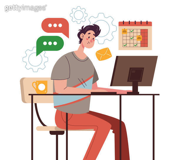 People programmer working in office at computer concept. Vector graphic ...