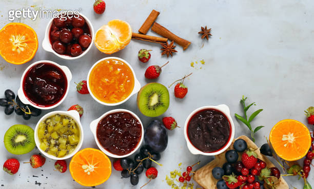 various types of jams and preserves from different berries 이미지 ...