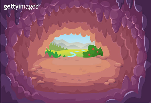 Cave. Exit from the cave. Fantasy cave with stalactites, stalagmites ...