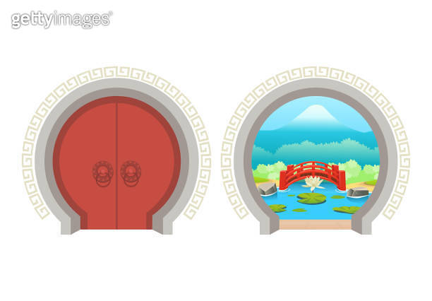 Chinese round door closed and open with overlooking the garden ...
