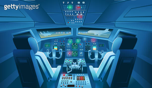 Airplane cockpit view with panel buttons, dashboard control and pilot's ...