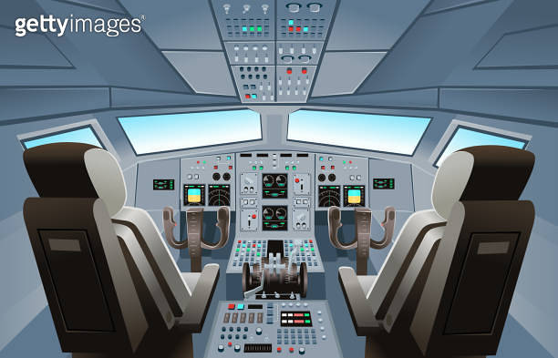 Airplane cockpit view with panel buttons, dashboard control and pilot's ...