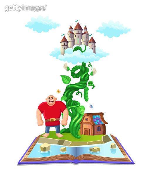 Open book with hungry giant character and beanstalk with castle in the ...