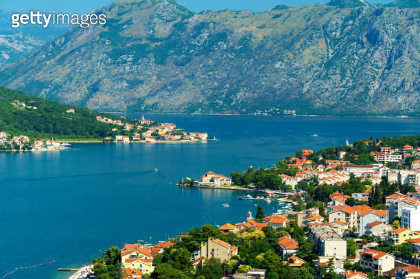 top view of the marina in Kotor, Montenegro, and the coast of the Bay ...