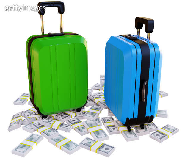 Suitcases luggage and stacks of money on white background with clipping ...