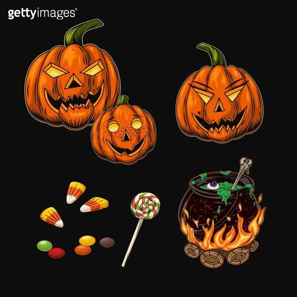 Set of halloween objects. Witch cauldron with potion, sweets, lollypop ...