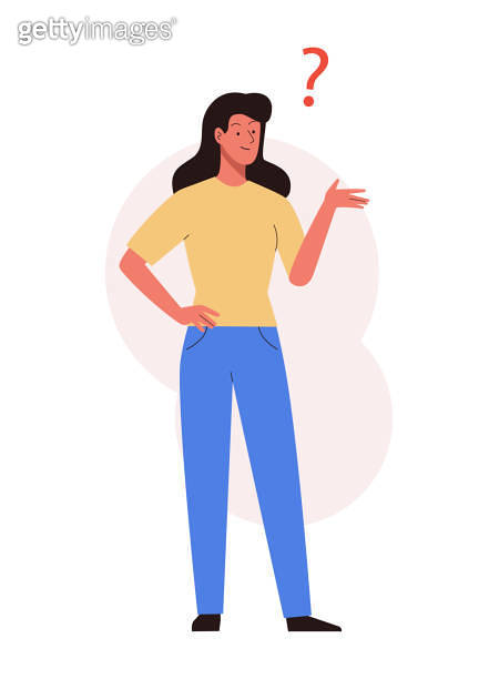 Woman thinking with question mark. Female character design in asking ...