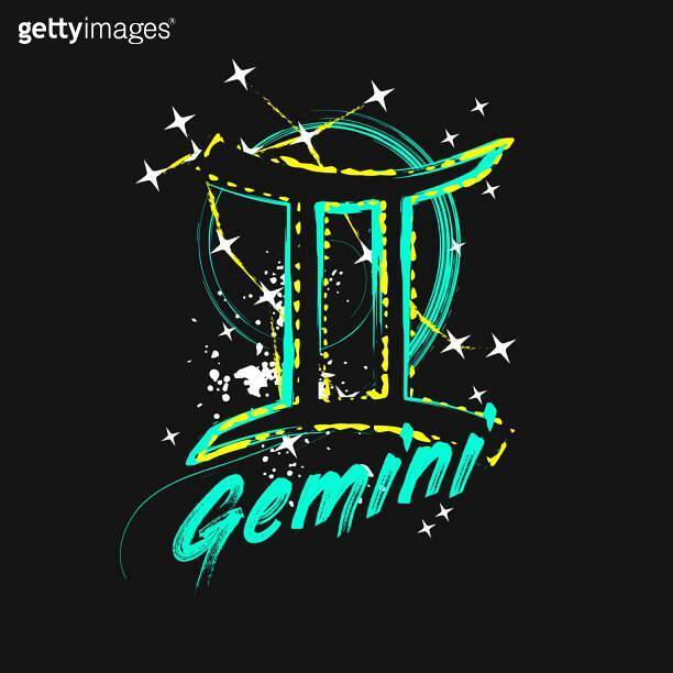 Grunge label with icon of zodiac sign Gemini with constellation, text ...