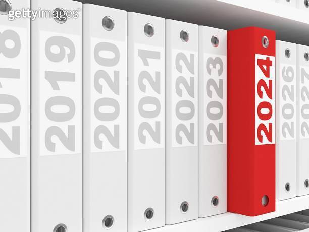 Office folders on the shelves. New Year 2024 concept. 3d rendering ...