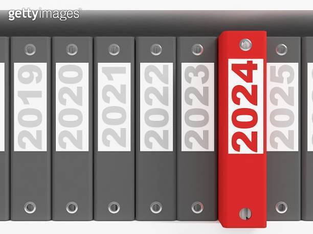 Office folders on the shelves. New Year 2024 concept. 3d rendering 이미지 ...