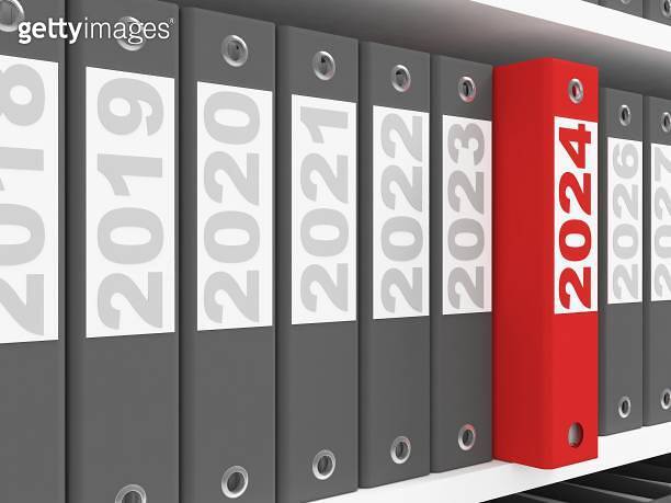 Office folders on the shelves. New Year 2024 concept. 3d rendering 이미지 ...