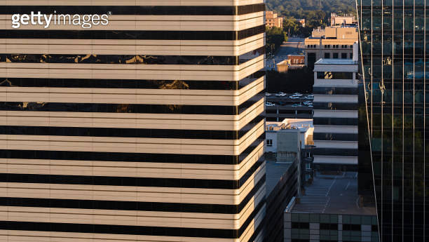 Span between modern cube high rise buildings in Downtown Columbia in ...