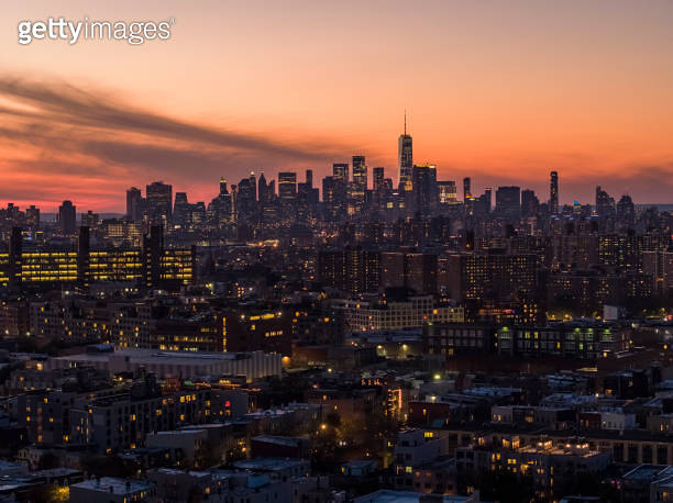 Residential district in Bushwick, Brooklyn, New York, with the distant ...