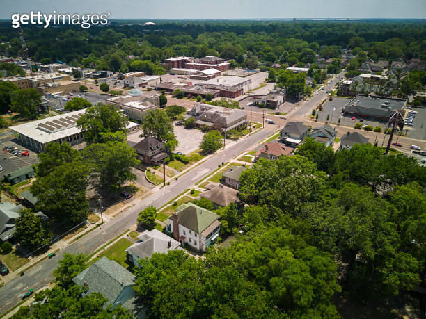 North Main Street aerial view in Memphis. Uptown Memphis cityscape with ...