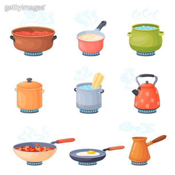 Boiling food on stove. Cooking smell foods pot on cooker with gas fire ...