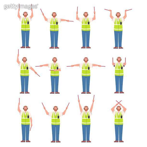 Marshaller signals. Aircraft marshalling hand signal for safety landing ...