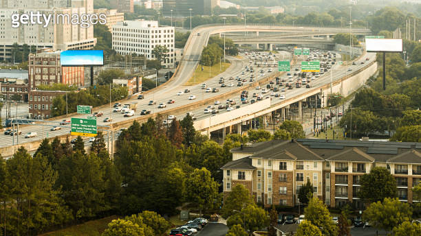 Winding highway with heavy traffic near Downtown of Atlanta, Georgia ...