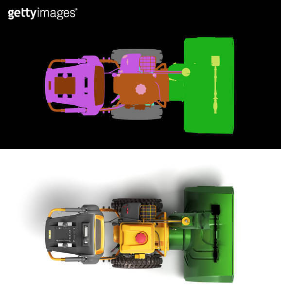 New walk behind tractor top view 3d render on white with color alpha ...