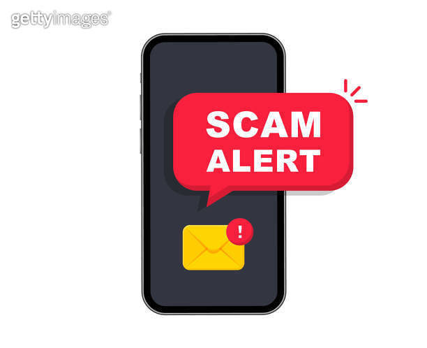 Scam alert banner on smartphone. Notification fraud alert with ...