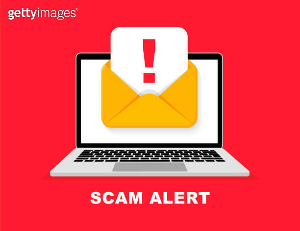 Scam alert banner on laptop. Mail with fraud alert. Hacker attack ...