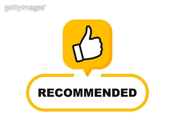 Recommend icon with thumbs up. Label recommended for quality control ...
