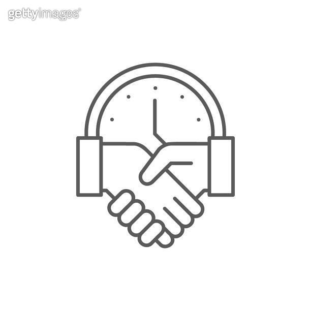 Clock with handshake, world partnership, appointment time lineal icon ...