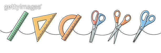 Set of school supplies. Back to school one line colored continuous ...