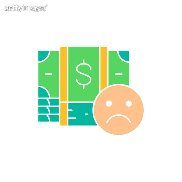 Dollar banknotes with sad face, bankruptcy white outline icon. Cash ...