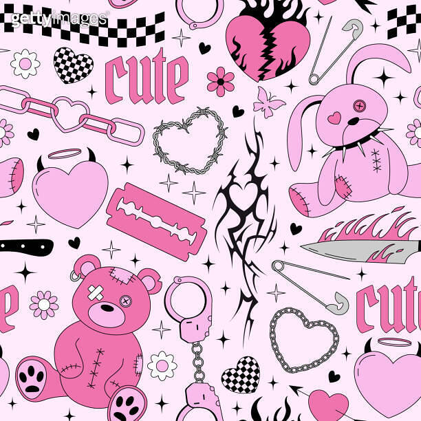 Y2k emo goth seamless pattern. Background with old bear and bunny toys ...