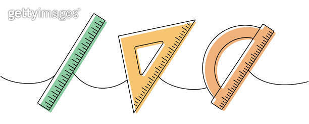Set of school supplies. Back to school one line drawing. Ruler scale ...