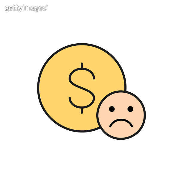 Coin with sad face, bankruptcy, dislike, negative feedback color lineal ...