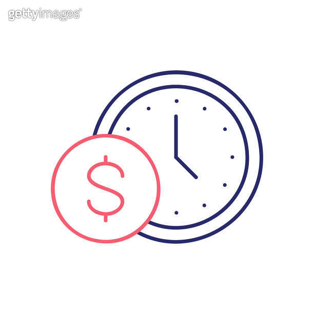 Clock with coin, time is money, loan payment, fast money outline color ...