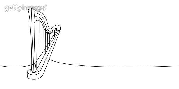 Lyre, wooden harp, string instrument one line continuous drawing ...