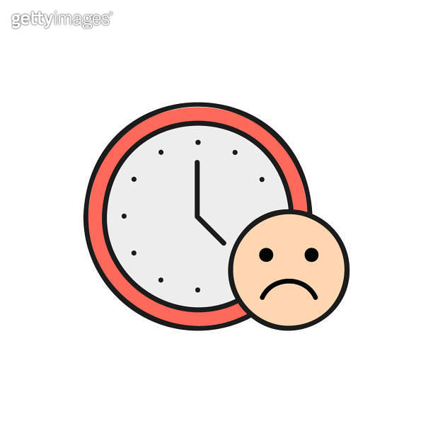 Clock with sad face, bad time color lineal icon. Time management symbol ...