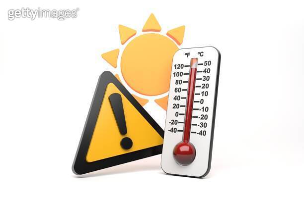 Stylised sun with a thermometer and warning sign 이미지 (1461633764) - 게티이미지뱅크