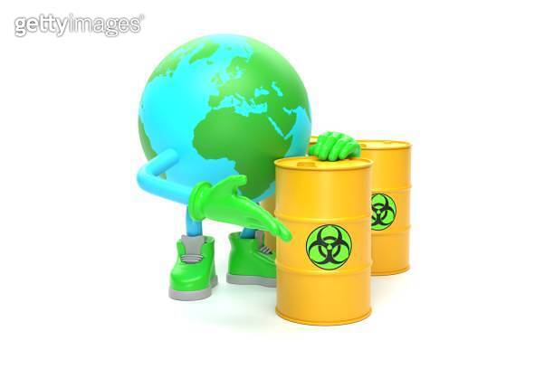 Earth character with yellow drums containing hazardous waste 이미지 ...