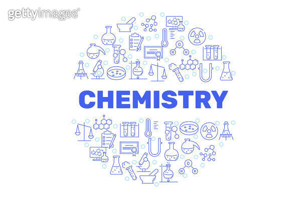 Chemistry circle banner, science background. Laboratory equipment ...