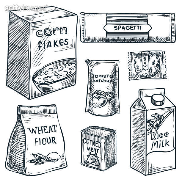 Food in packages, grocery supermarket set. Cardboard boxes, plastic ...