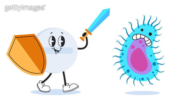 Pill superhero medicine fight against virus microbe concept. Vector ...