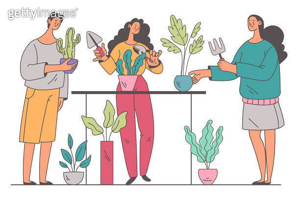 People man woman characters gardening watering and taking care home ...