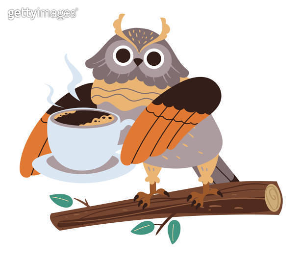 Cute cartoon bird character taking coffee break concept. Vector graphic ...