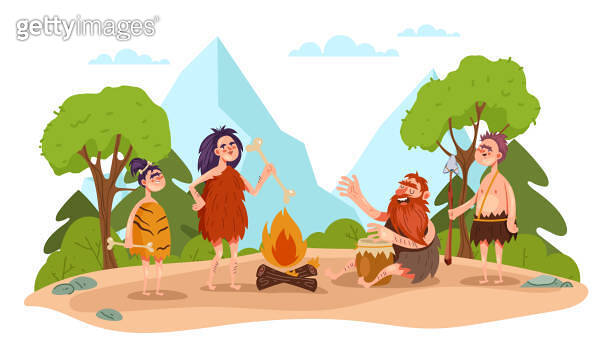 Stone age primitive prehistoric ancient family concept. Vector graphic ...