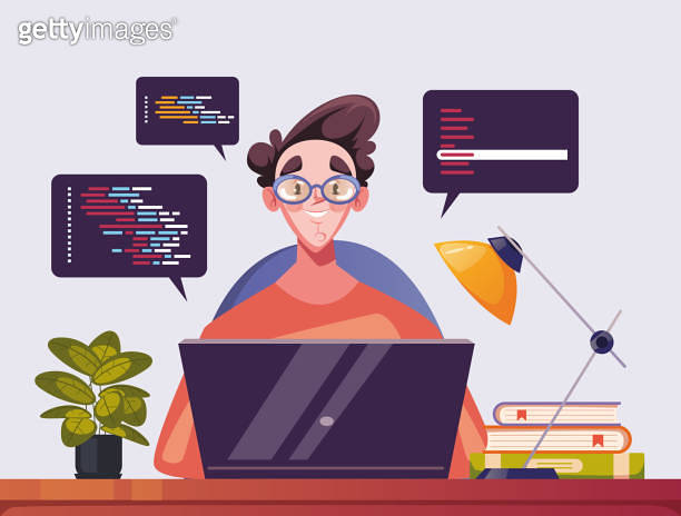 Programmer work at laptop computer website code program concept. Vector graphic design ...