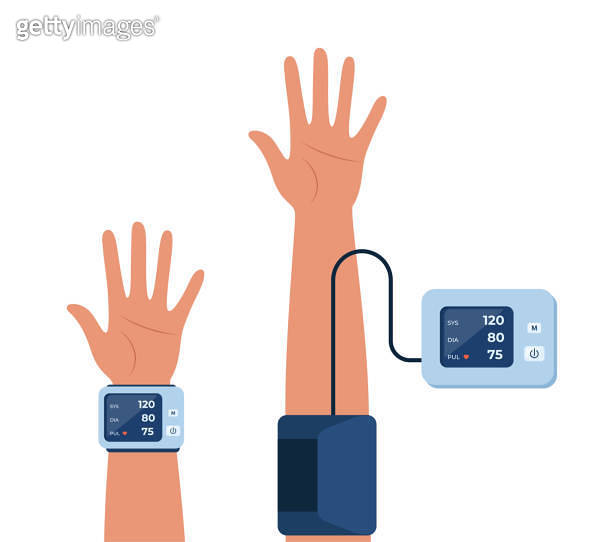Man measuring blood pressure with digital device tonometer. Arterial ...