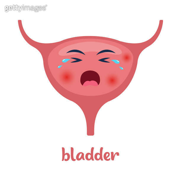 Sick bladder with pain ache or disease. Sad cartoon character bladder ...