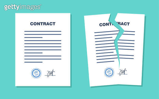 Contract with seal and signature and Broken contract, torn paper ...